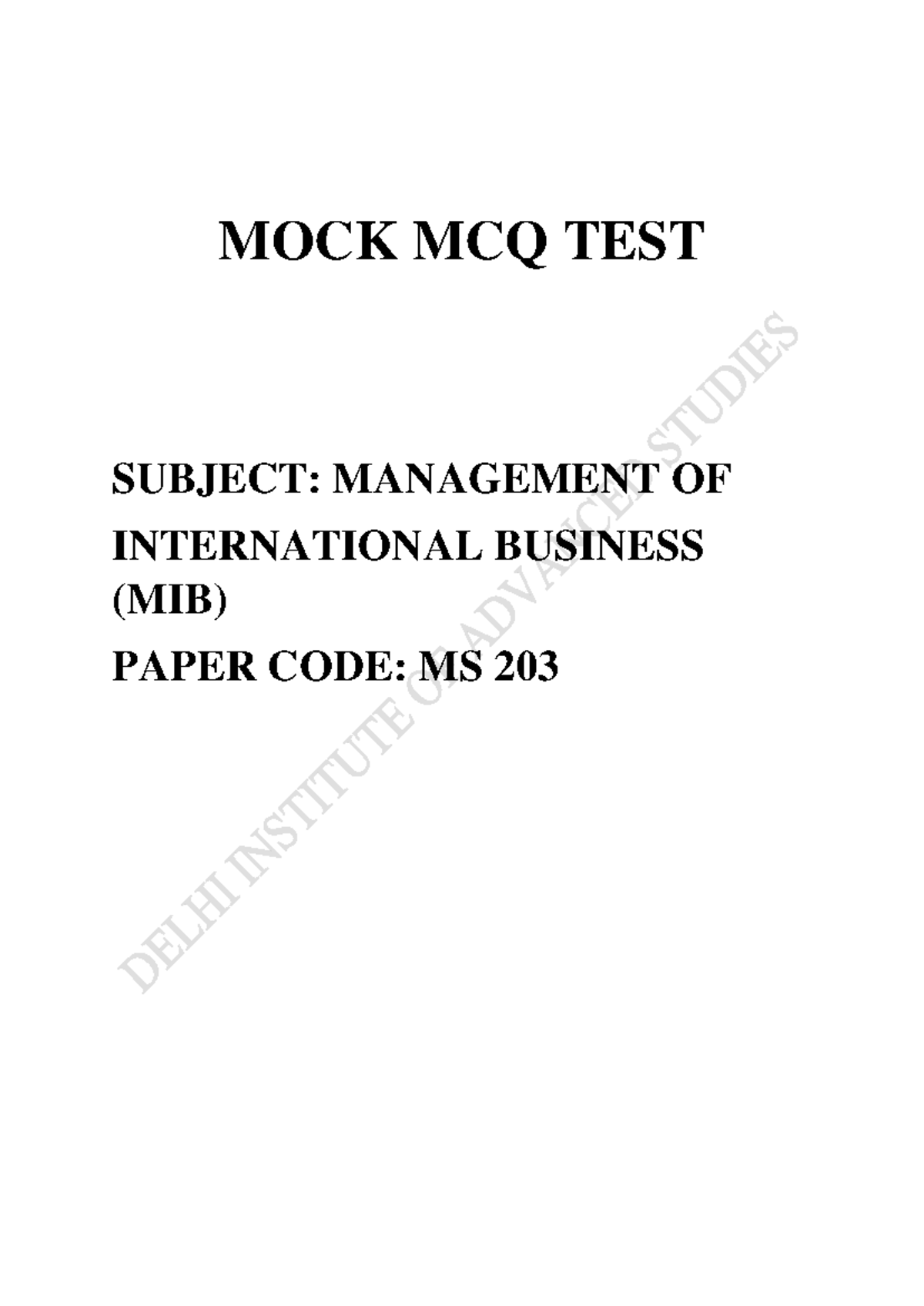 MBA 203 Mock MCQ Test on Management of International Business - Studocu
