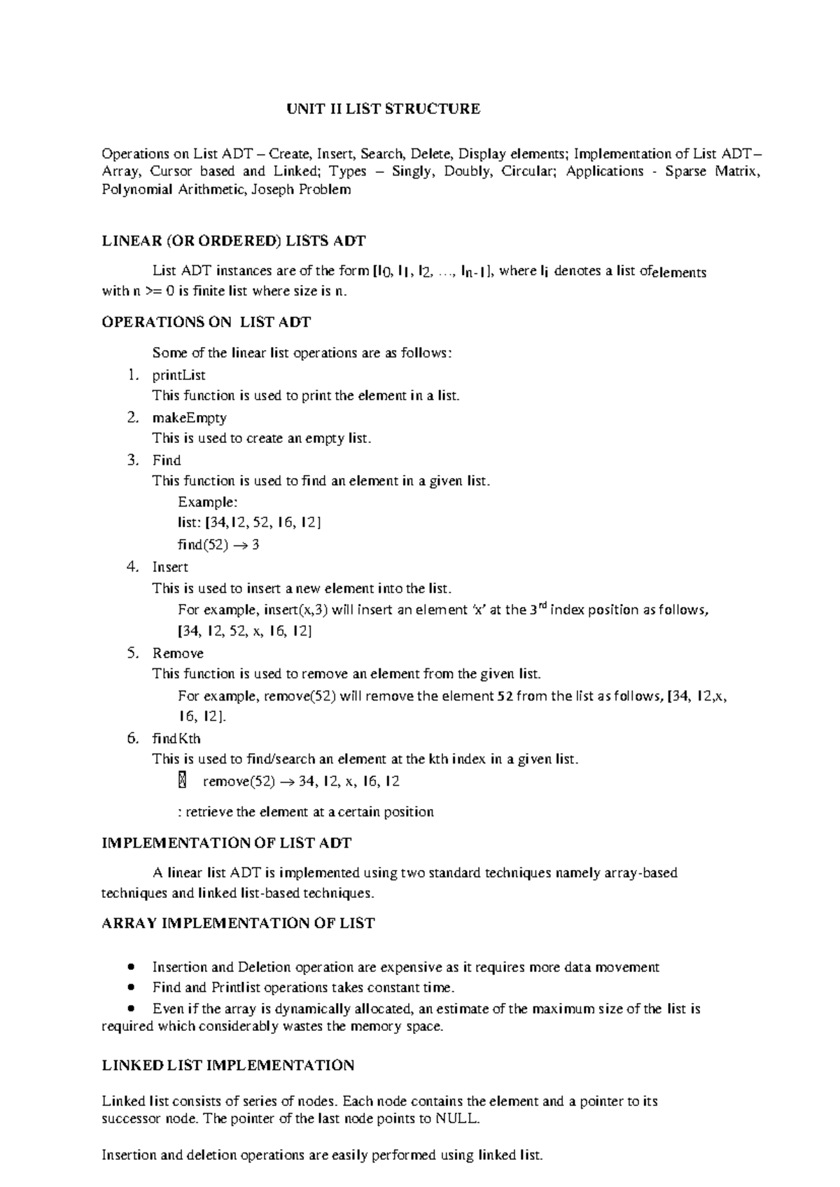 Unit II: List Structure & Operations on List ADT (Linear Lists) - Studocu