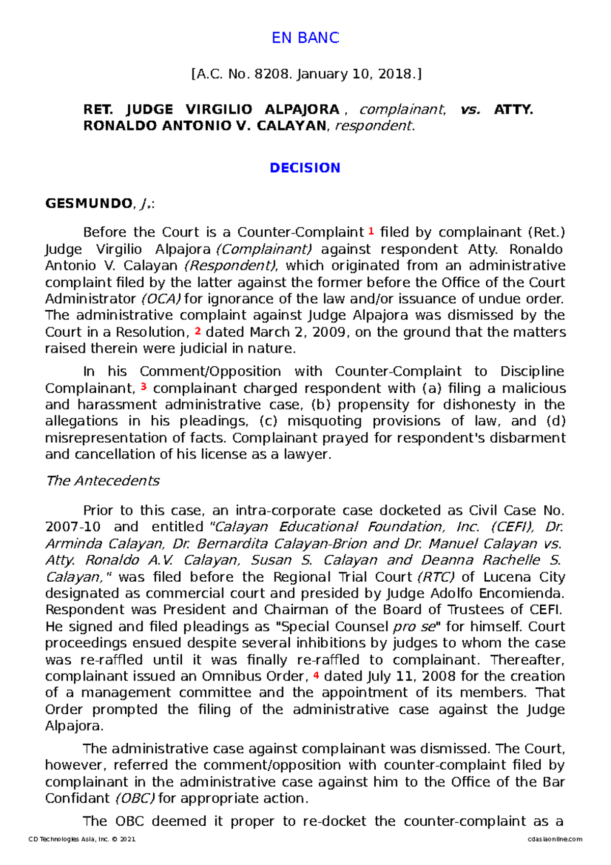 Alpajora v. Calayan PALE Digest - EN BANC [A. No. 8208. January 10 ...