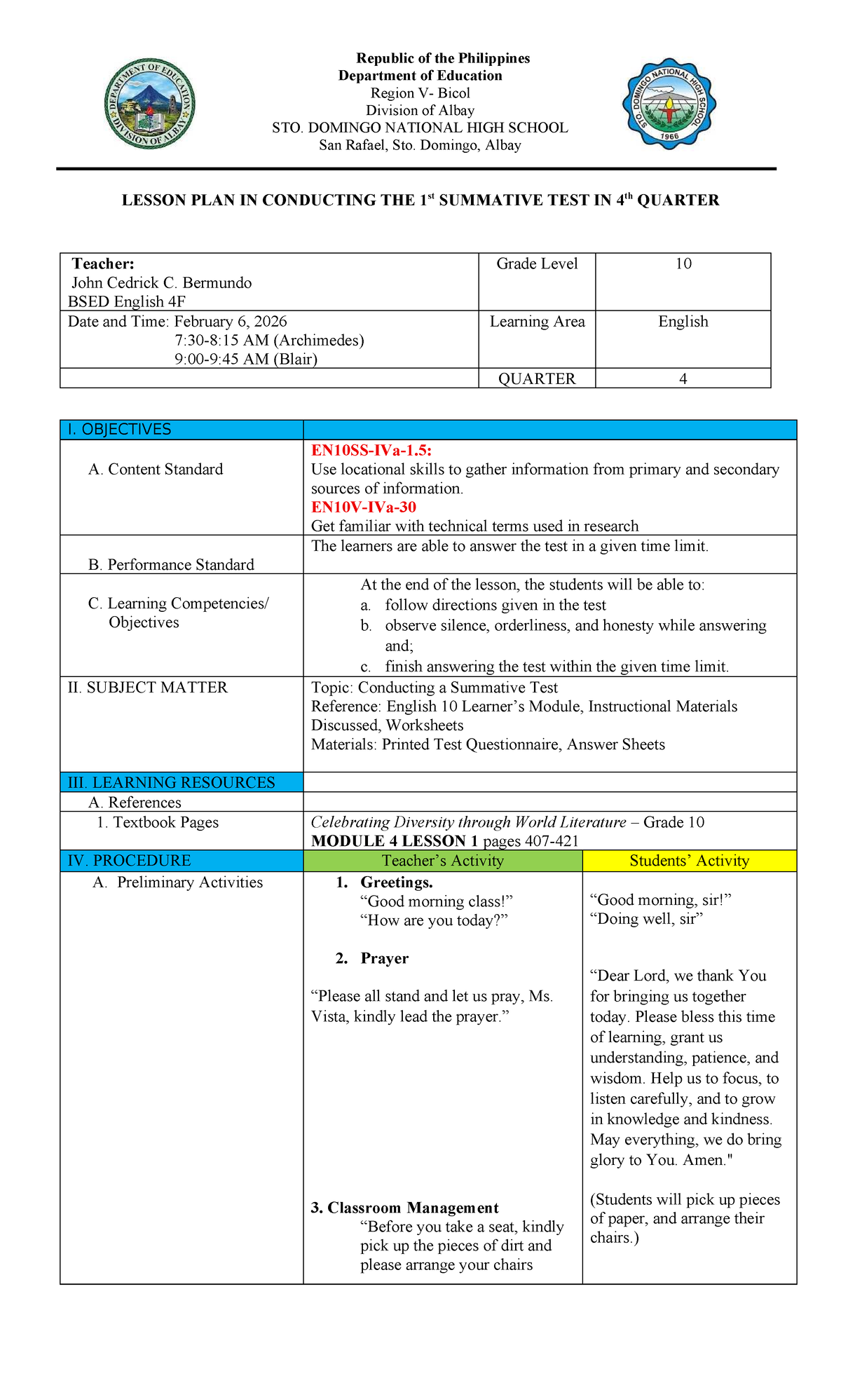 Lesson Plan for 1st Summative Test in English 10 - 4th Quarter - Studocu