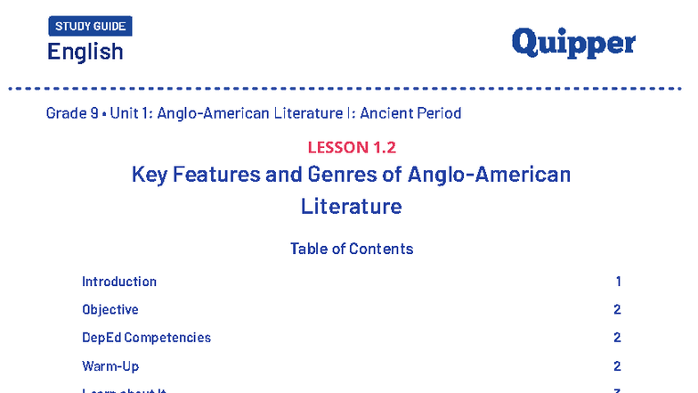 English Grade 9 Unit 1: Literature I: Key Features & Genres of Lit ...