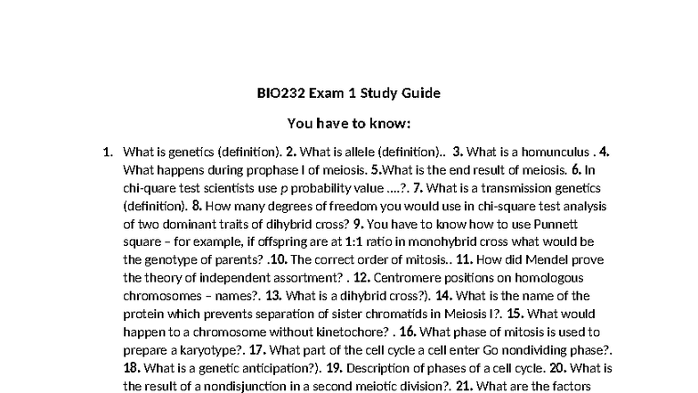 BIO232 Exam 1 Study Guide: Genetics & Cell Bio Key Concepts - Studocu