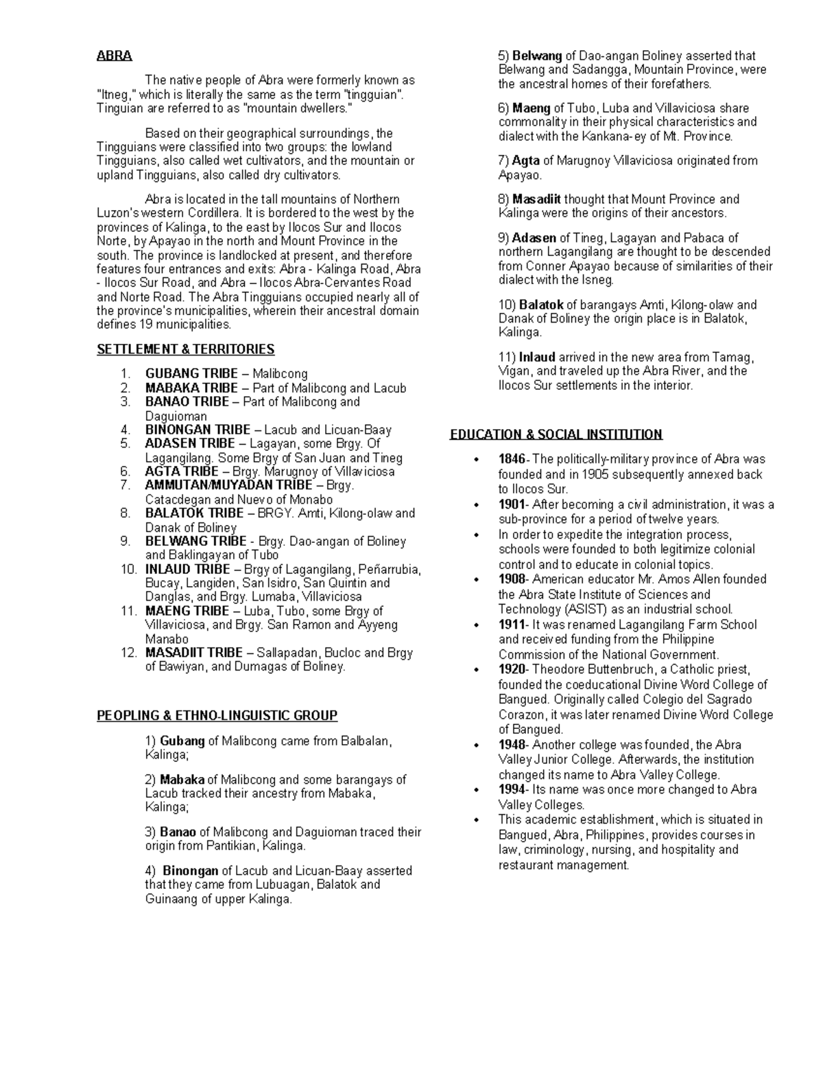 Abra 101 - An Overview of the Tingguians & Their Heritage - Studocu