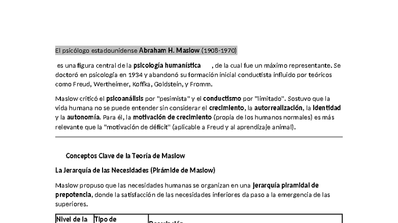 Teoría de la Motivación y Autorrealización de Abraham Maslow - Studocu