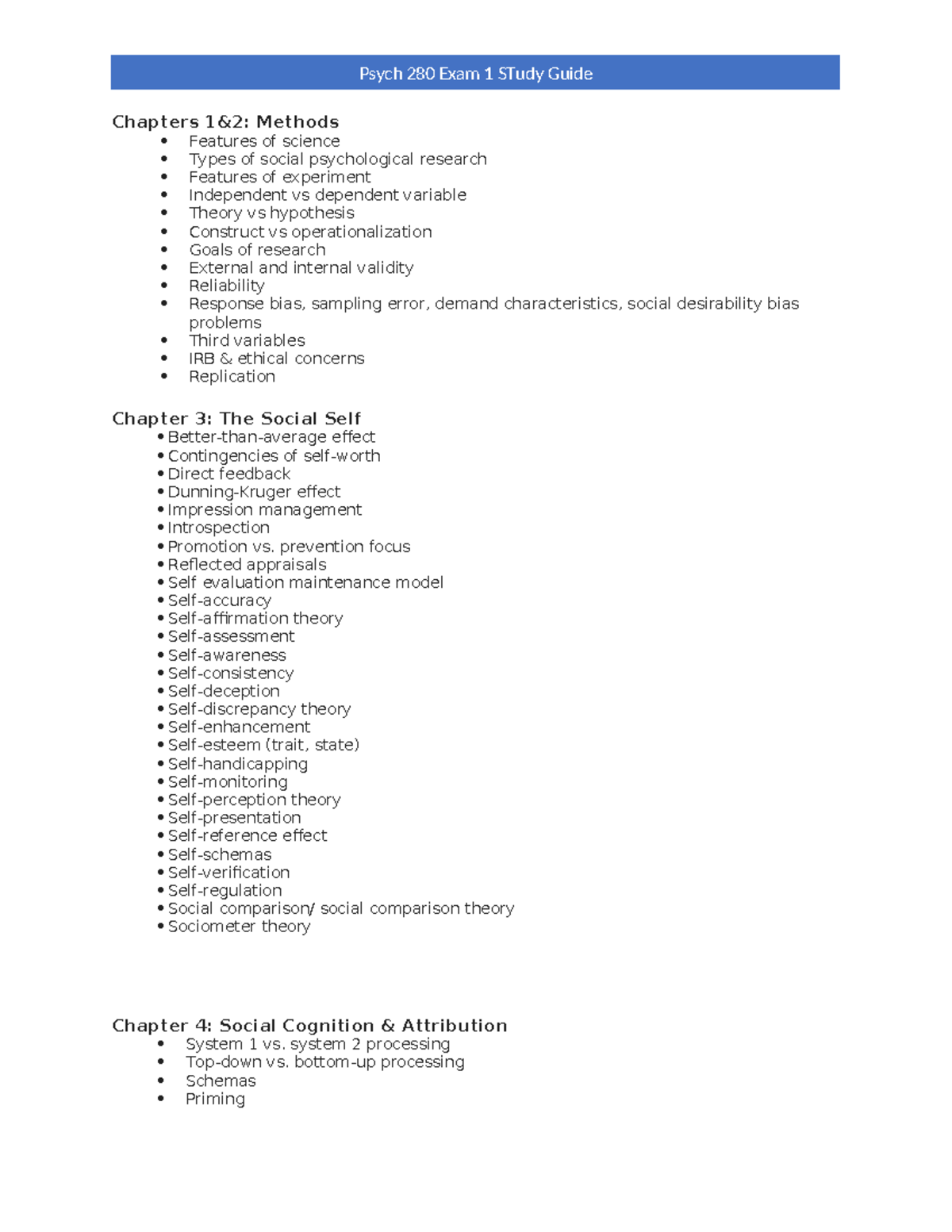 Psych 280 Exam 1 Study Guide: Key Concepts and Theories in Social Psychology - Studocu