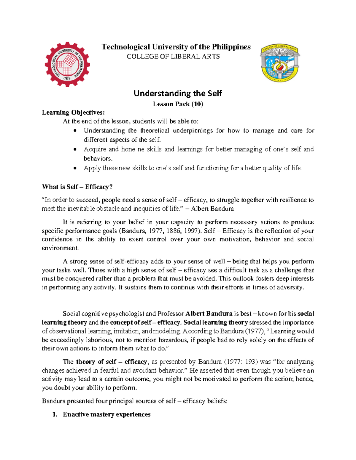 Understanding the Self: Lesson 10 on Self-Efficacy and Goal Setting ...