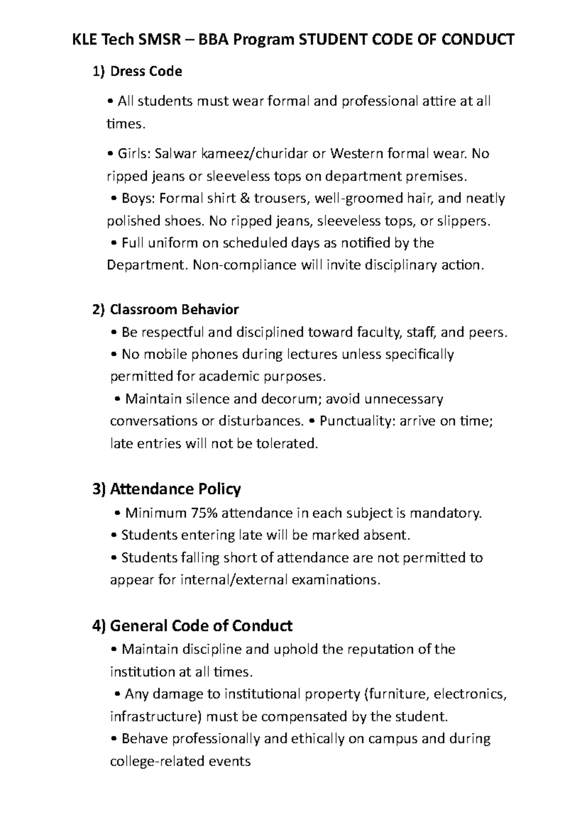 KLE Tech SMSR BBA Program Student Code of Conduct Summary - Studocu