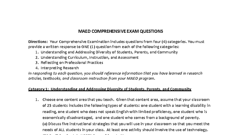 MAED Comprehensive Exam Questions: Strategies for Diverse Learners ...
