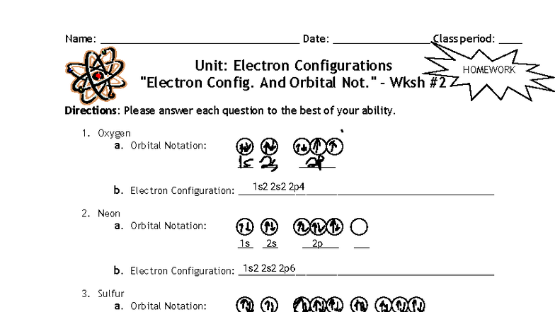 Electron Configurations & Orbital Notation Homework - Chem 101 - Studocu