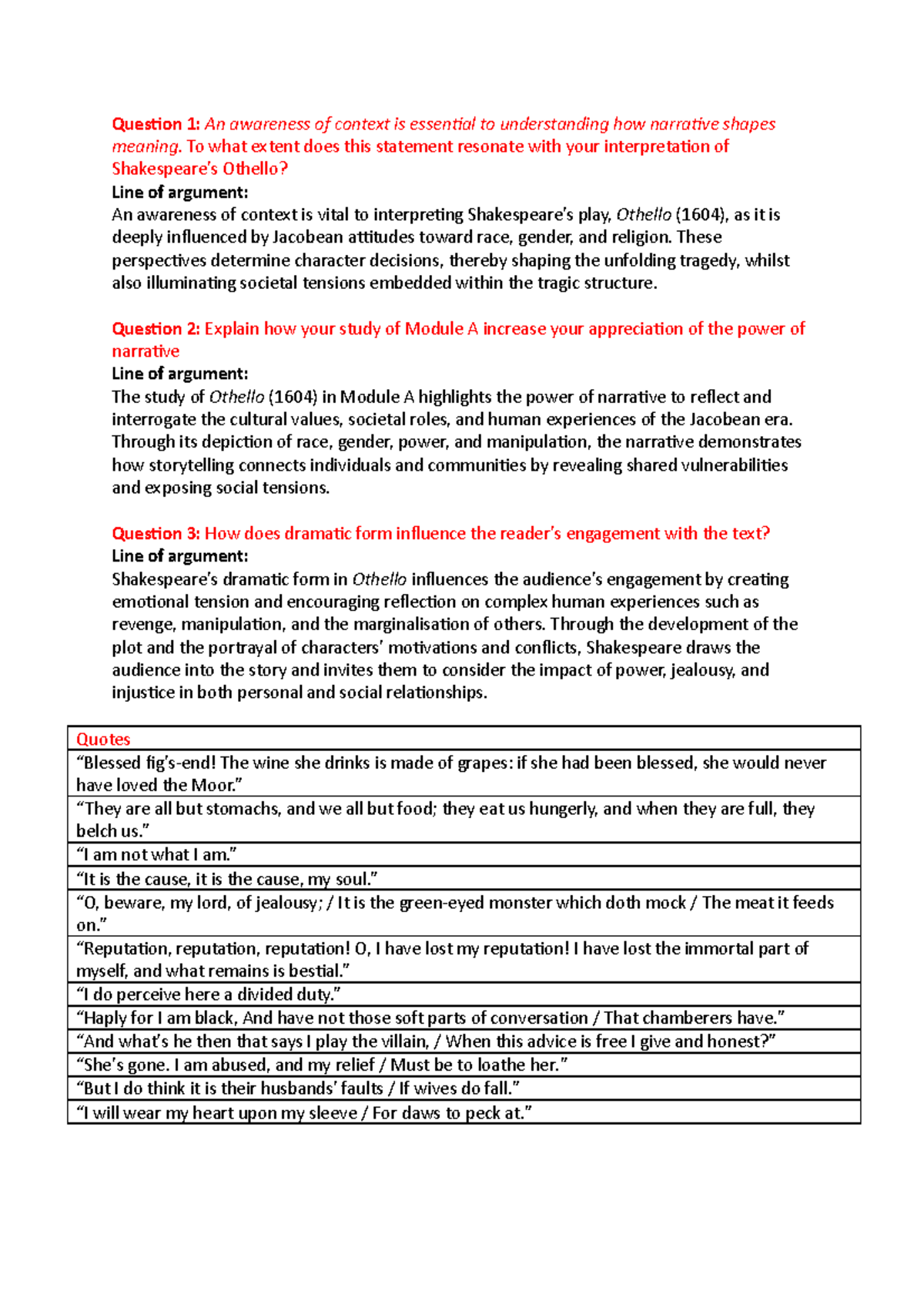 Othello (1604) Analysis: Context, Narrative Power & Dramatic Form - Studocu
