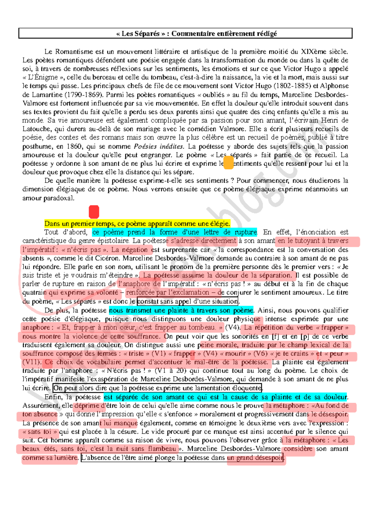 Les Séparés : Analyse Élégiac de Marceline Desbordes-Valmore - Studocu