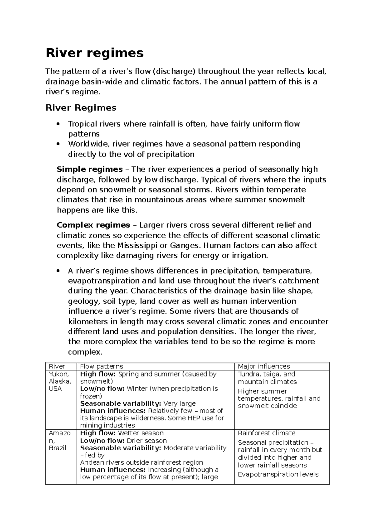 Understanding River Regimes: Factors Influencing Flow Patterns - Studocu