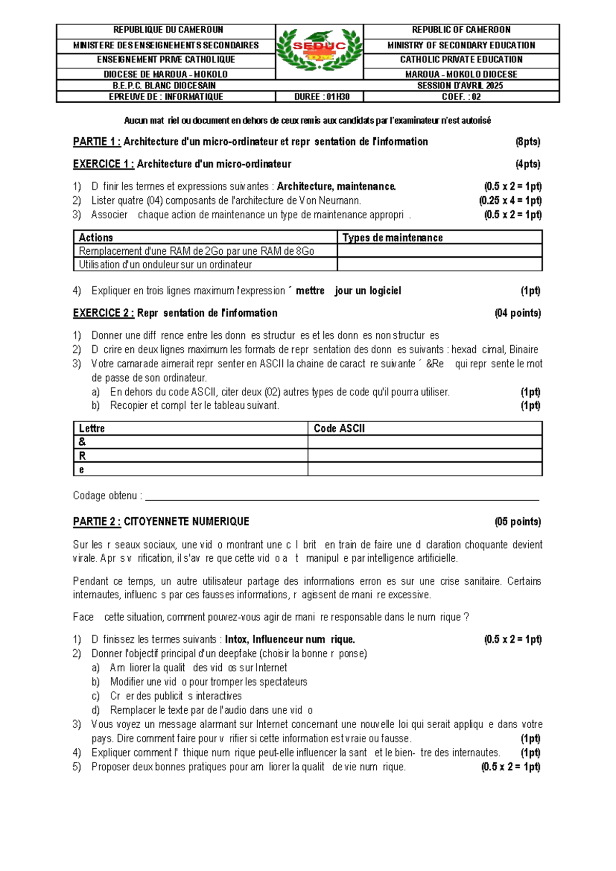 B.E.P.C. Blanc 2025 - Informatique - Examen de Session 2025 - Studocu