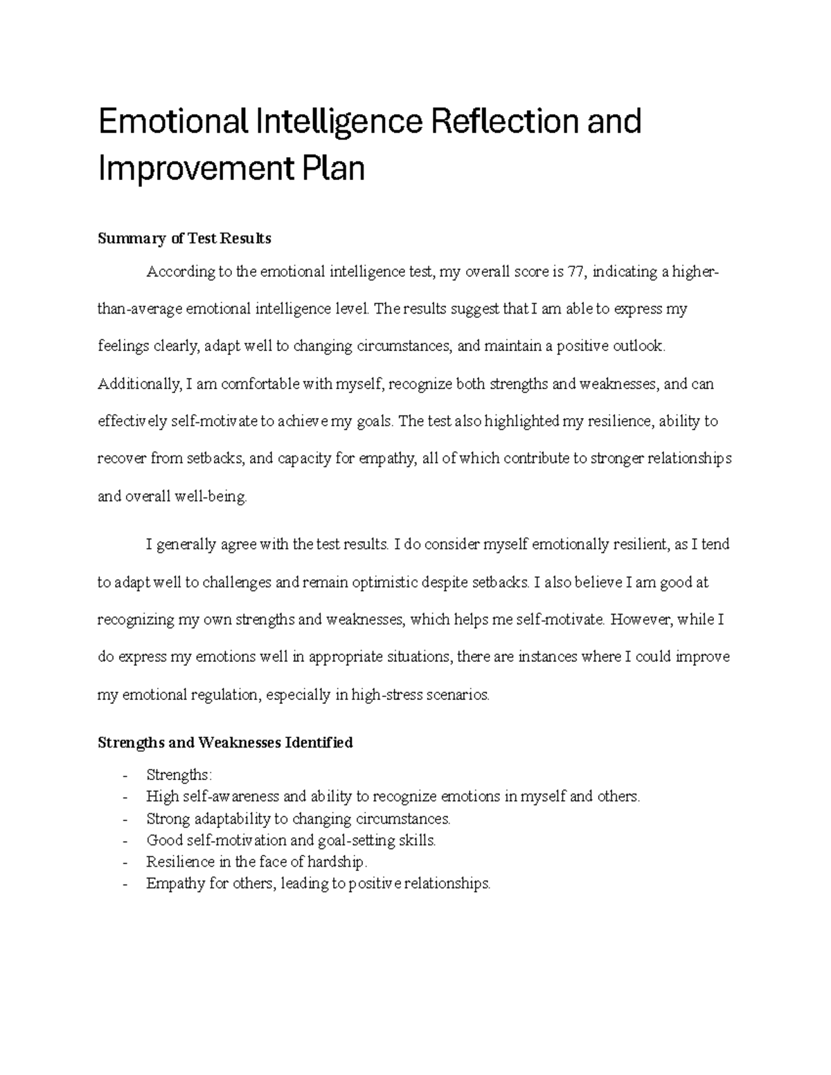 Emotional Intelligence Plan: Reflection & Improvement Strategies - Studocu