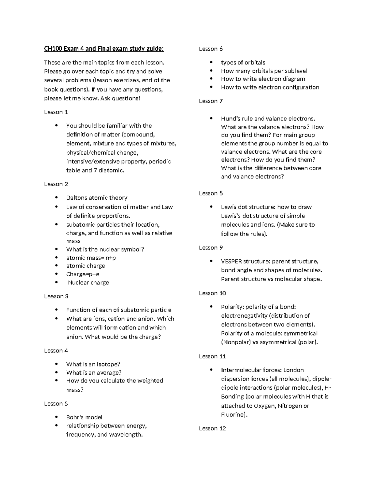 CH100 Exam 4 & Final Study Guide: Key Topics & Concepts - Studocu