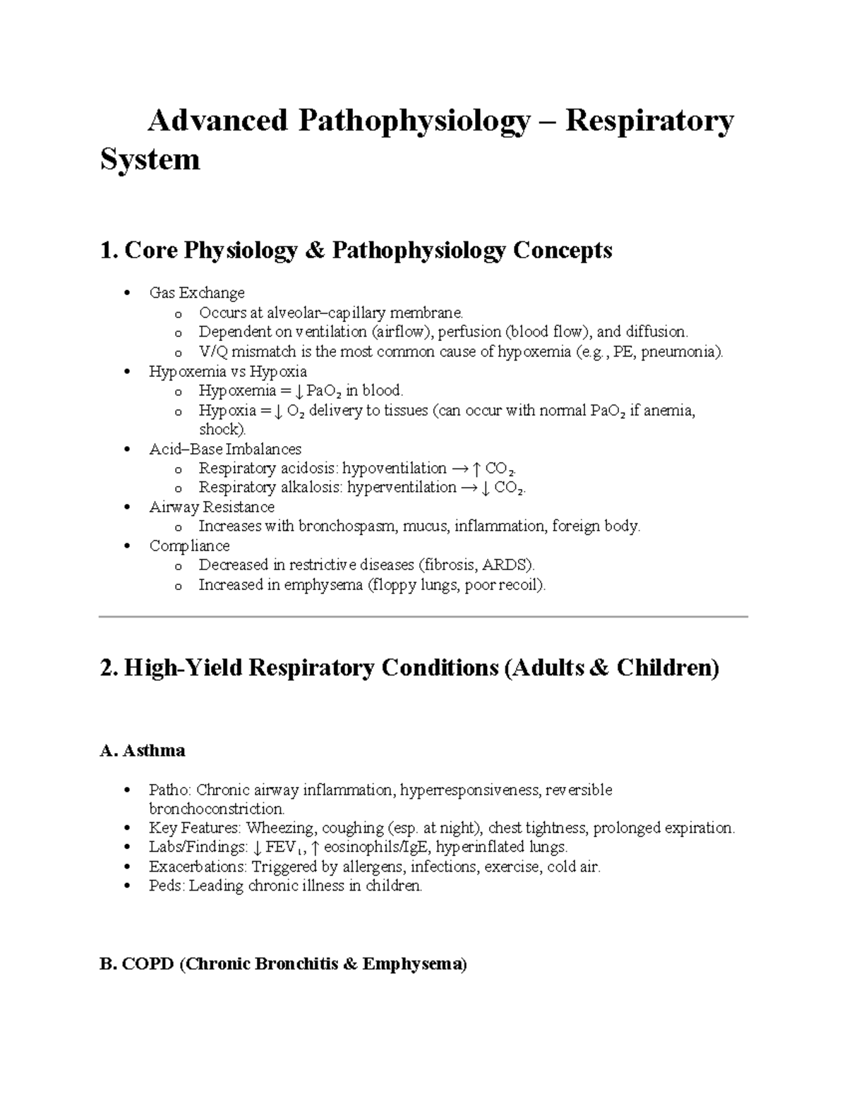 Advanced Pathophysiology (Respiratory System) Notes - Studocu
