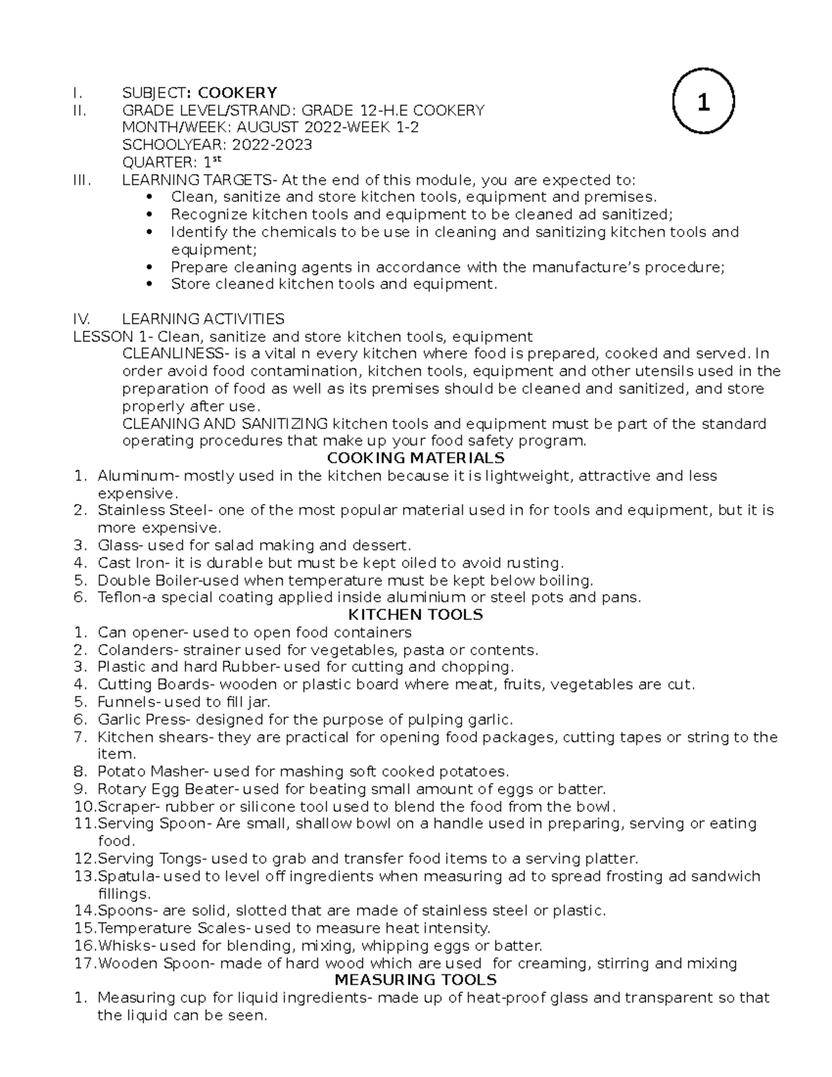 Cookery 12 M1 - I. SUBJECT: COOKERY II. GRADE LEVEL/STRAND: GRADE 12-H ...
