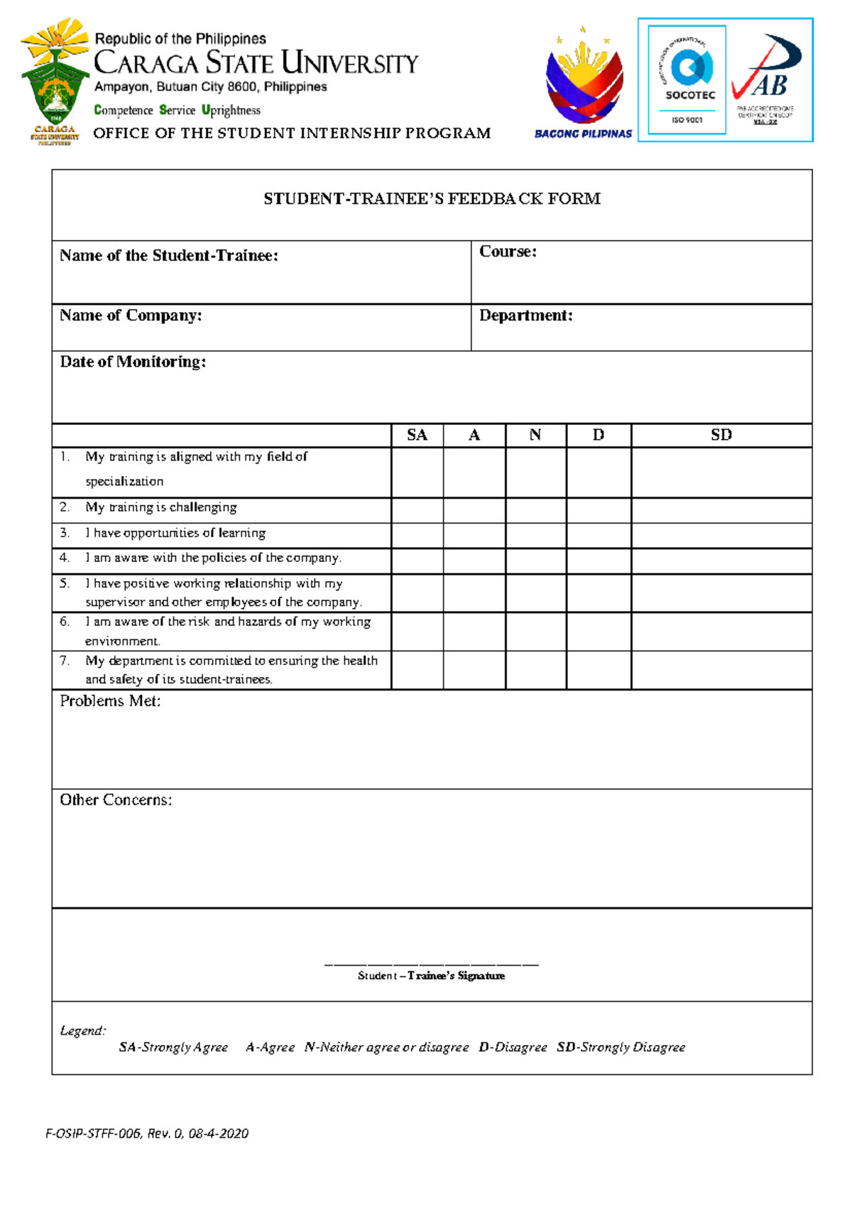 06 F-OSIP-STFF-006 Student Trainees Feedback FORM - F-OSIP-STFF-006 ...