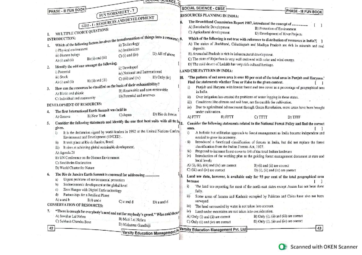 PHASE FUN BOOK SOCIAL SCIENCE CBSE WORKSHEET 7 & 8: RESOURCES AND ...
