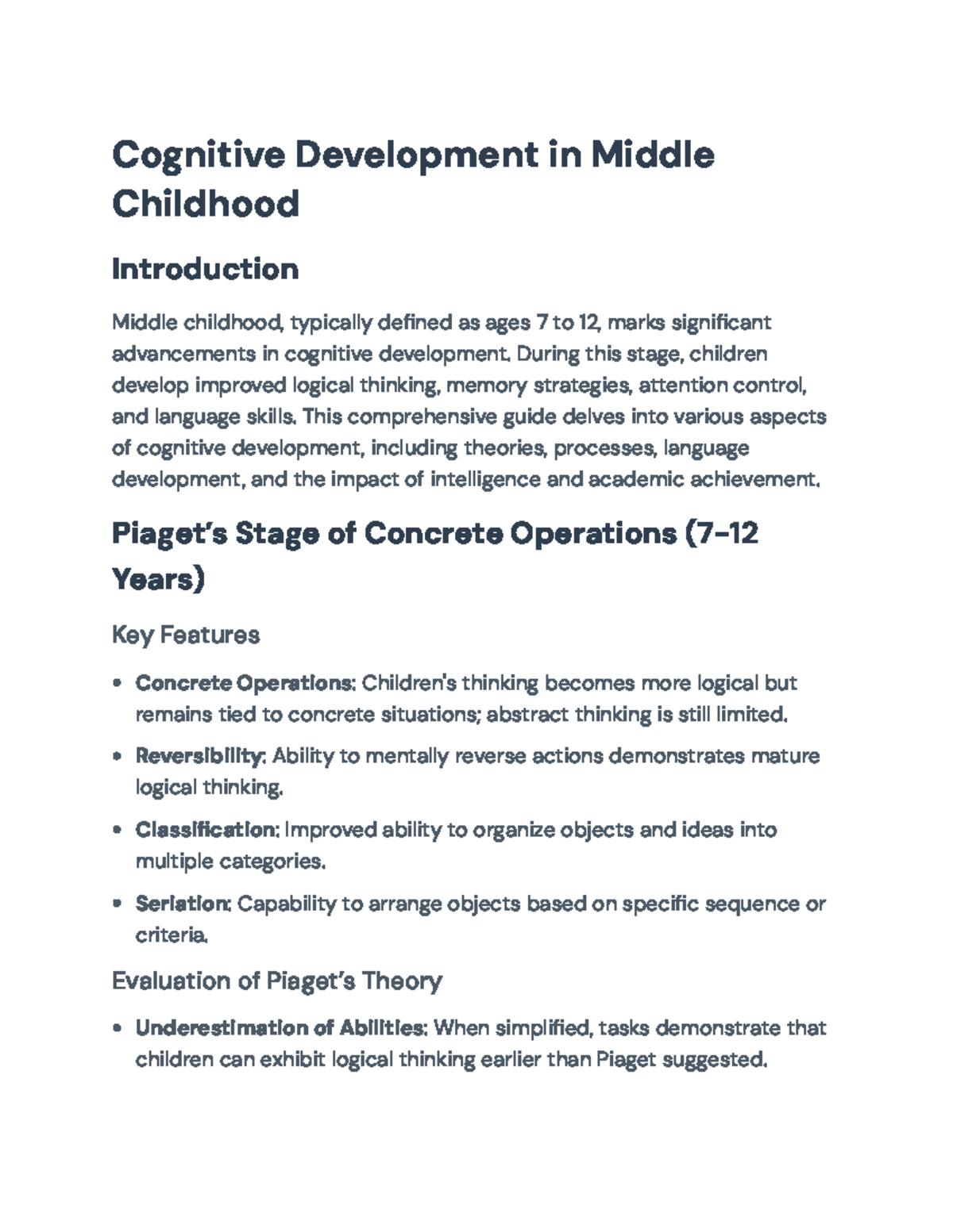 Cognitive Development: Key Theories and Concepts in Middle Childhood ...