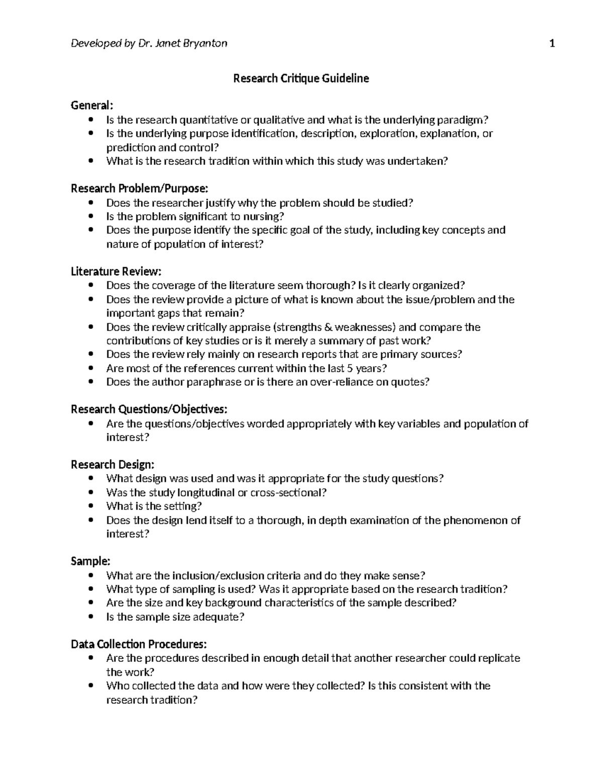 N3040 Research Critique Guideline by Dr. Janet Bryanton - Studocu