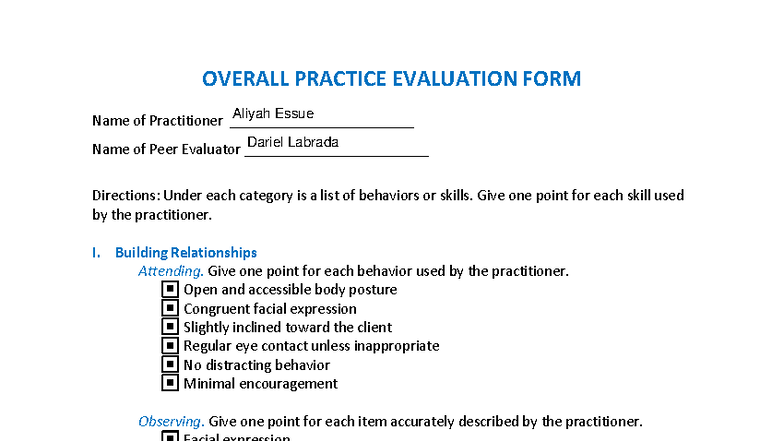 Aliyah Overall Practice Evaluation Form TAPE1 - Studocu