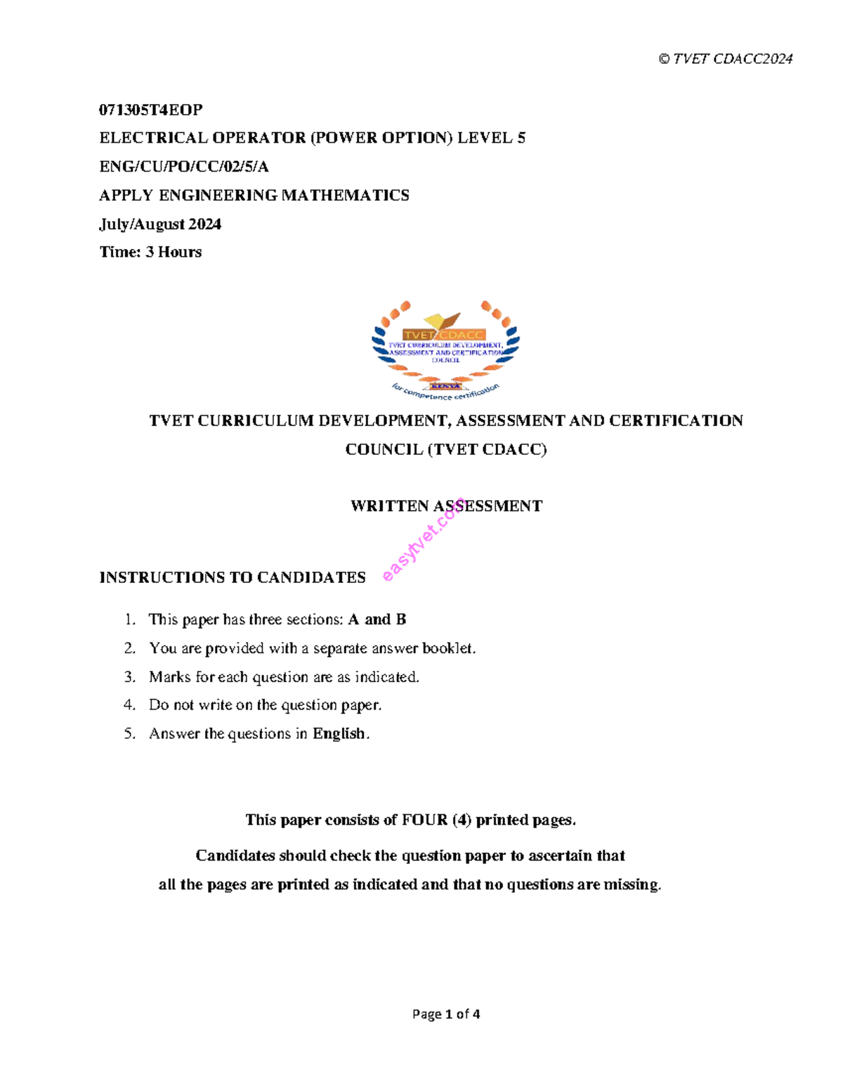 TVET CDACC2024 Level 5 Electrical Operator Engineering Math Revision ...