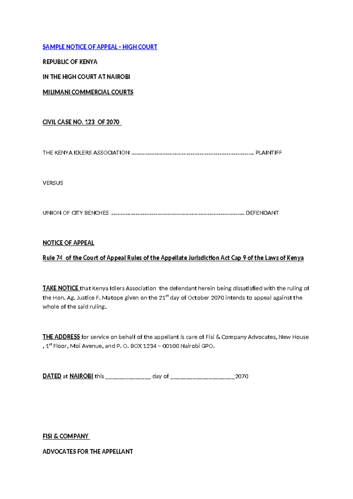 Sample Notice of Appeal - High Court Civil Case No. 123/2070 - Studocu