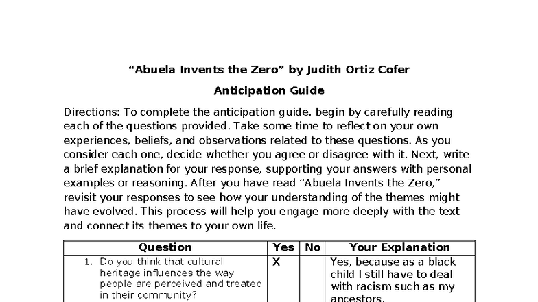 Abuela Invents the Zero Anticipation Guide: Reflection & Insights - Studocu