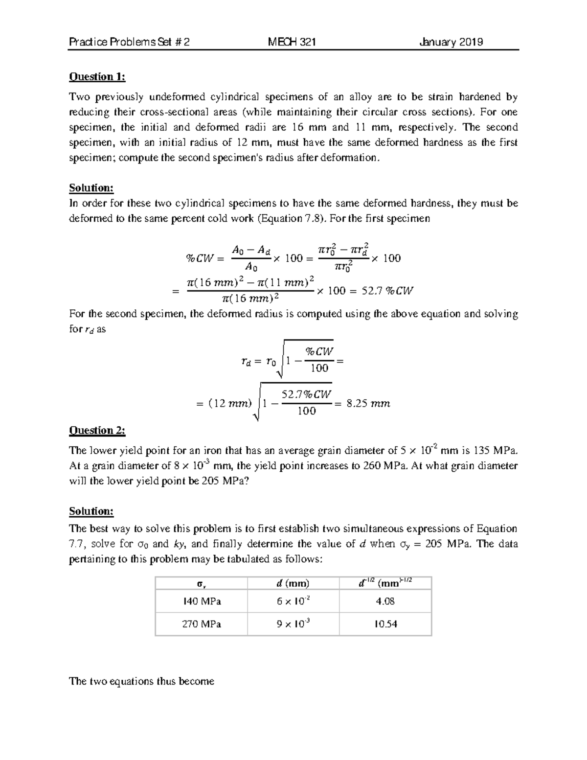 Solutions to Practice Questions 2 for MECH 321: Strain Hardening ...
