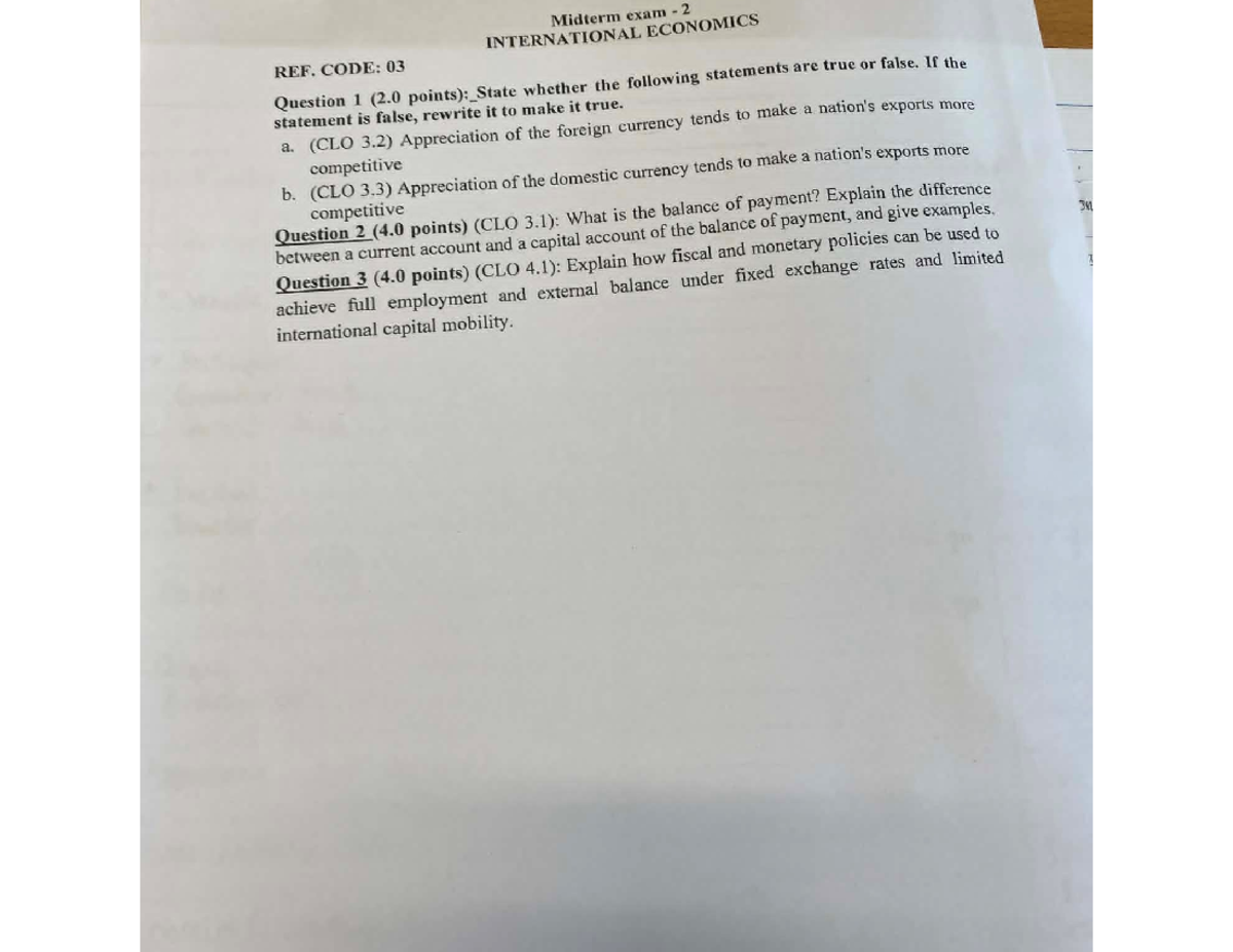 Midterm Exam 2: International Economics (Ref. Code: 03) Questions ...
