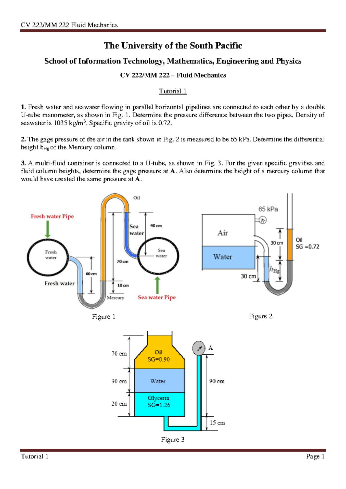 CV Fluid Mechanics Tutorial 1: Pressure Difference Calculations - Studocu