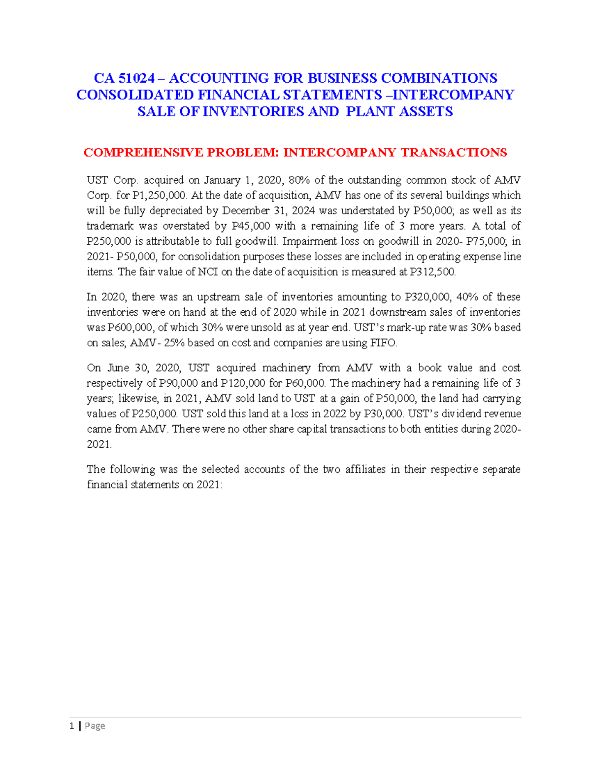 CA 51024 Comprehensive Problem: Accounting for Business Combinations and - Studocu