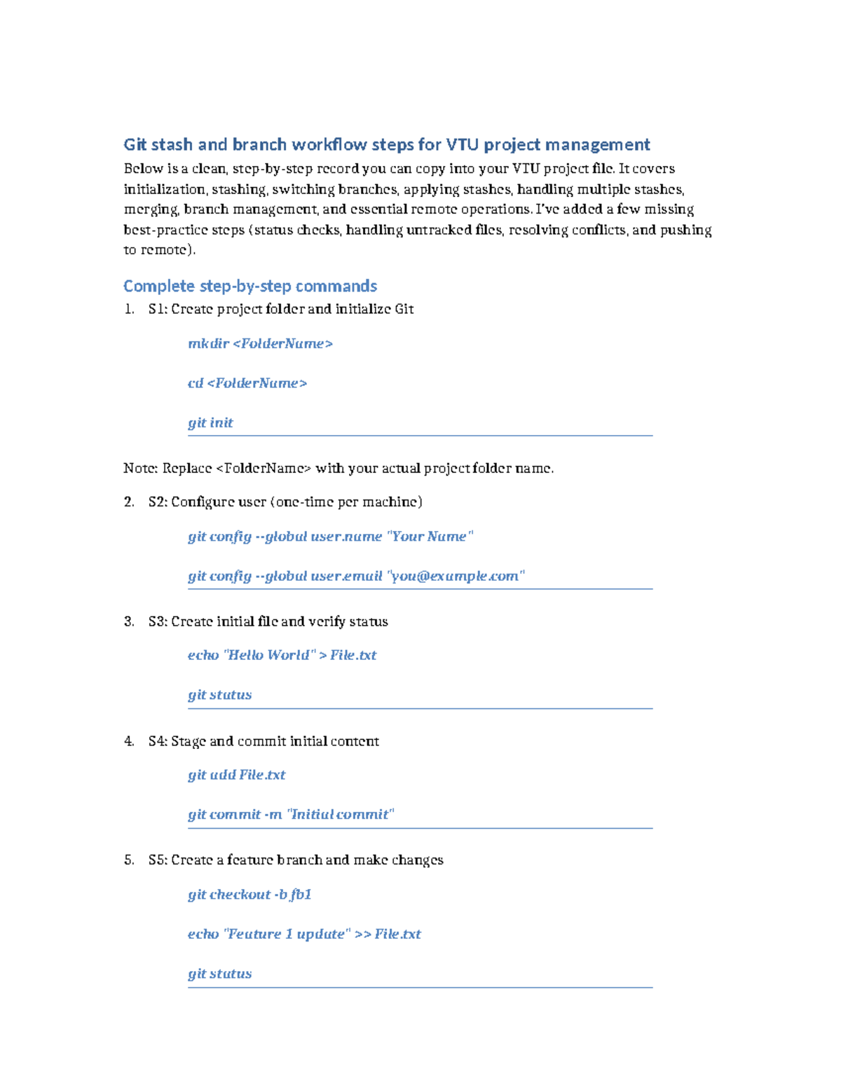 VTU Git Stash Workflow Steps for Project Management - Studocu