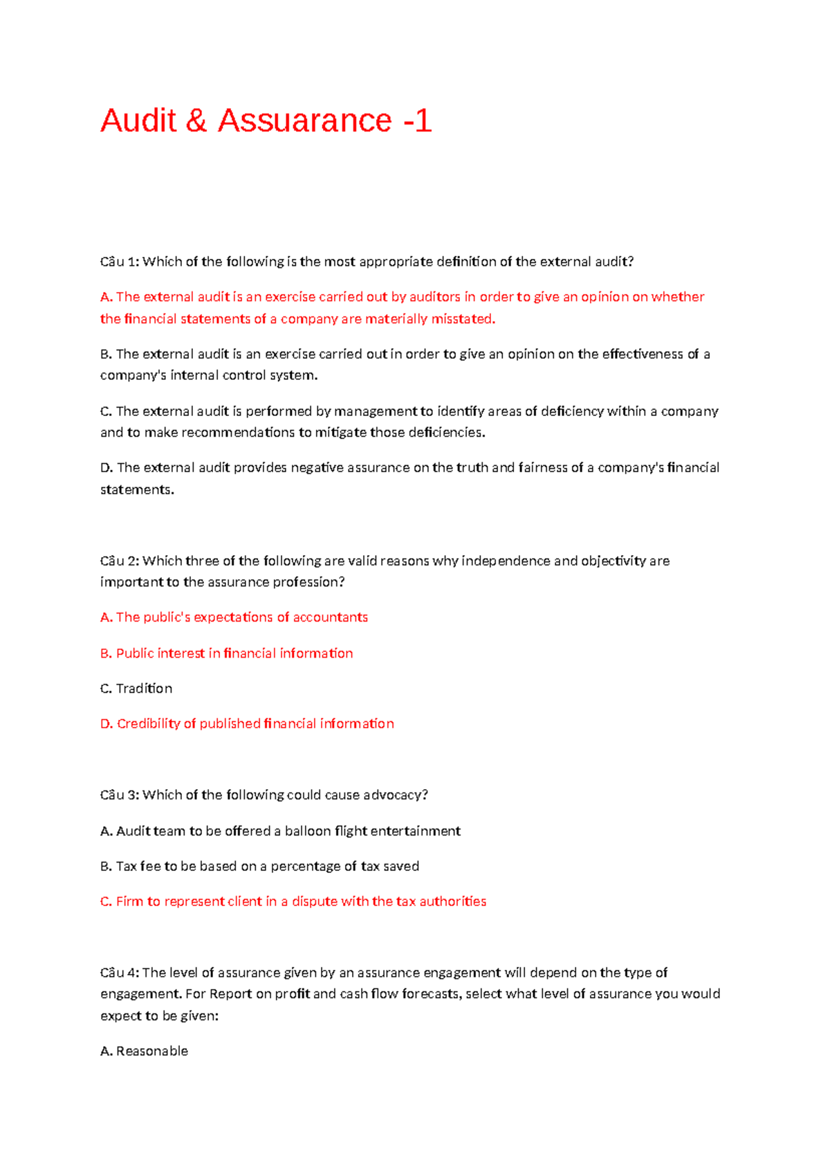 Audit Assurance Quiz: Key Concepts and Definitions - Studocu