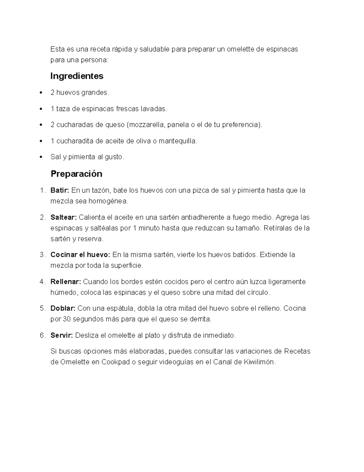 Receta Rápida: Omelette de Espinacas para 1 Persona - Studocu