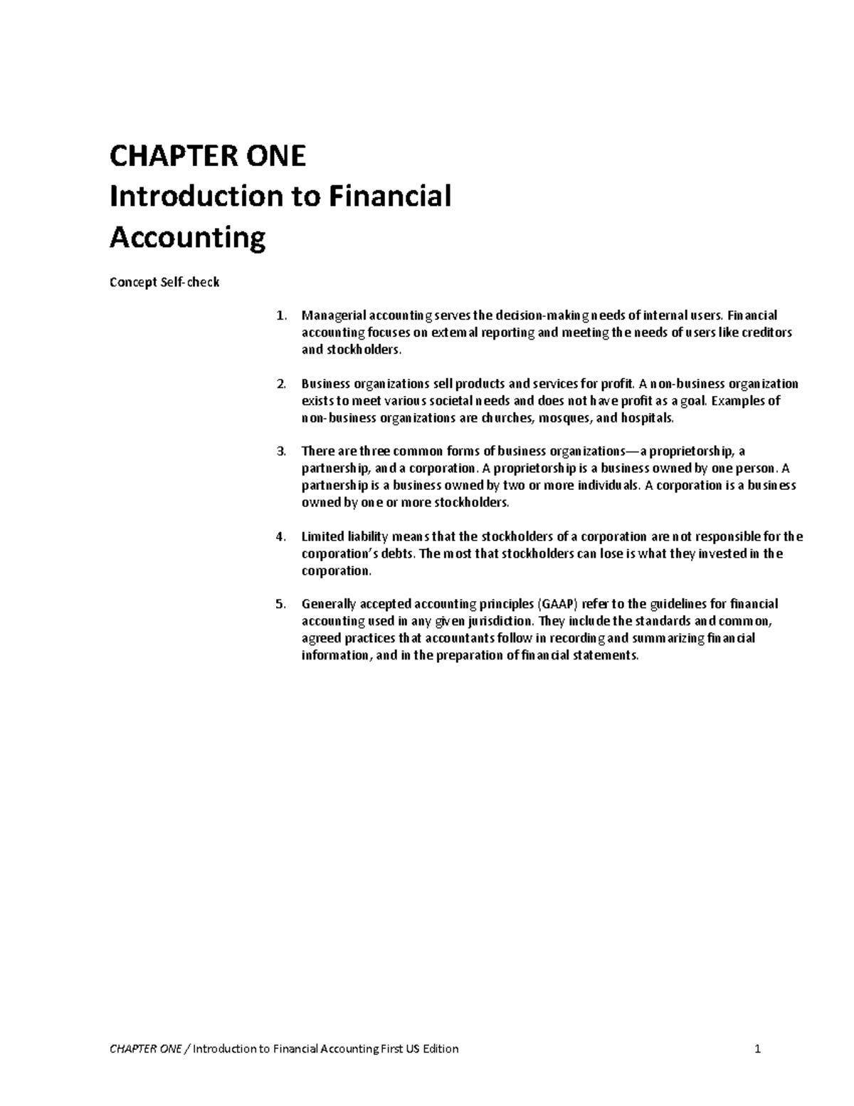 Financial Accounting Concepts: Chapter 1 Answers and Self-Checks - Studocu