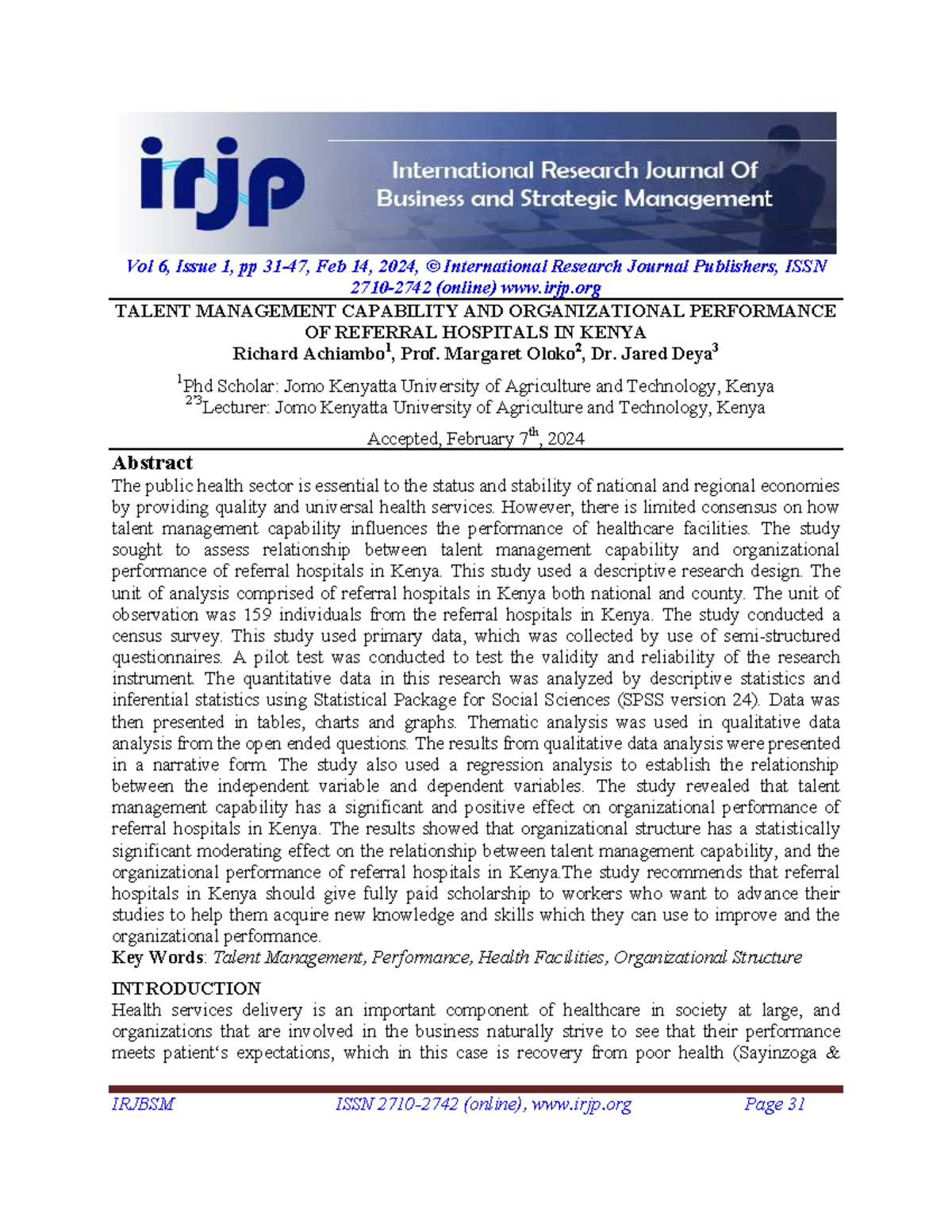 Talent Management Capability and Performance in Referral Hospitals ...