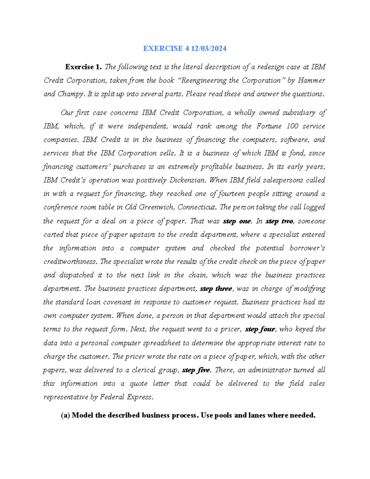 Reengineering Analysis of IBM Credit Corp's Financing Process - EXER 4 ...
