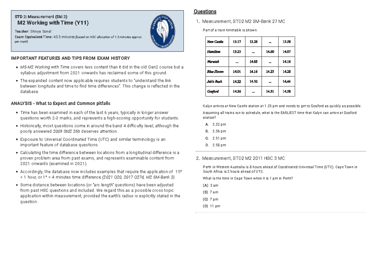 HSC Std 2 M2 Measurement Final Exam Study Guide on Time - Studocu