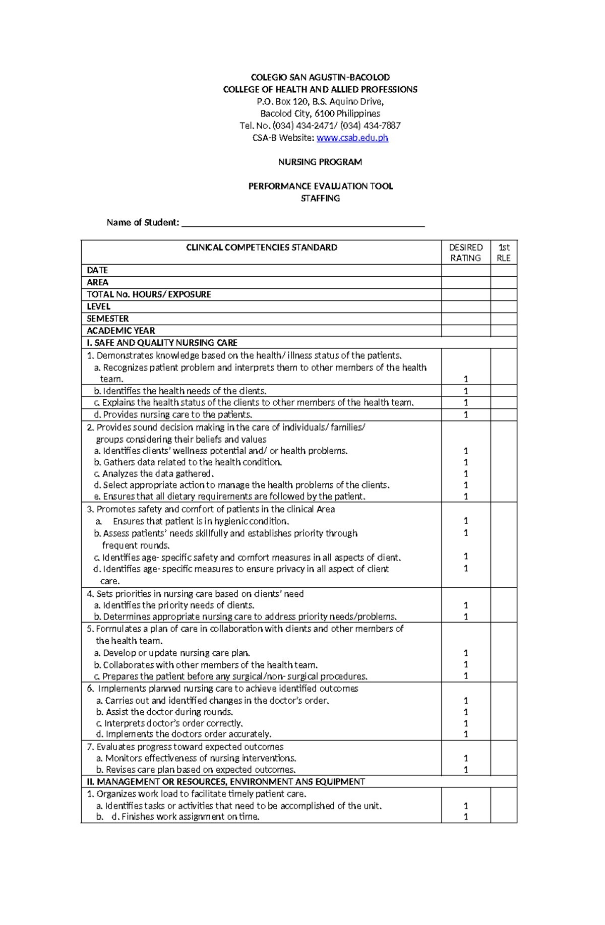 NURSING PROGRAM PERFORMANCE EVALUATION TOOL: STAFFING PEC - Studocu