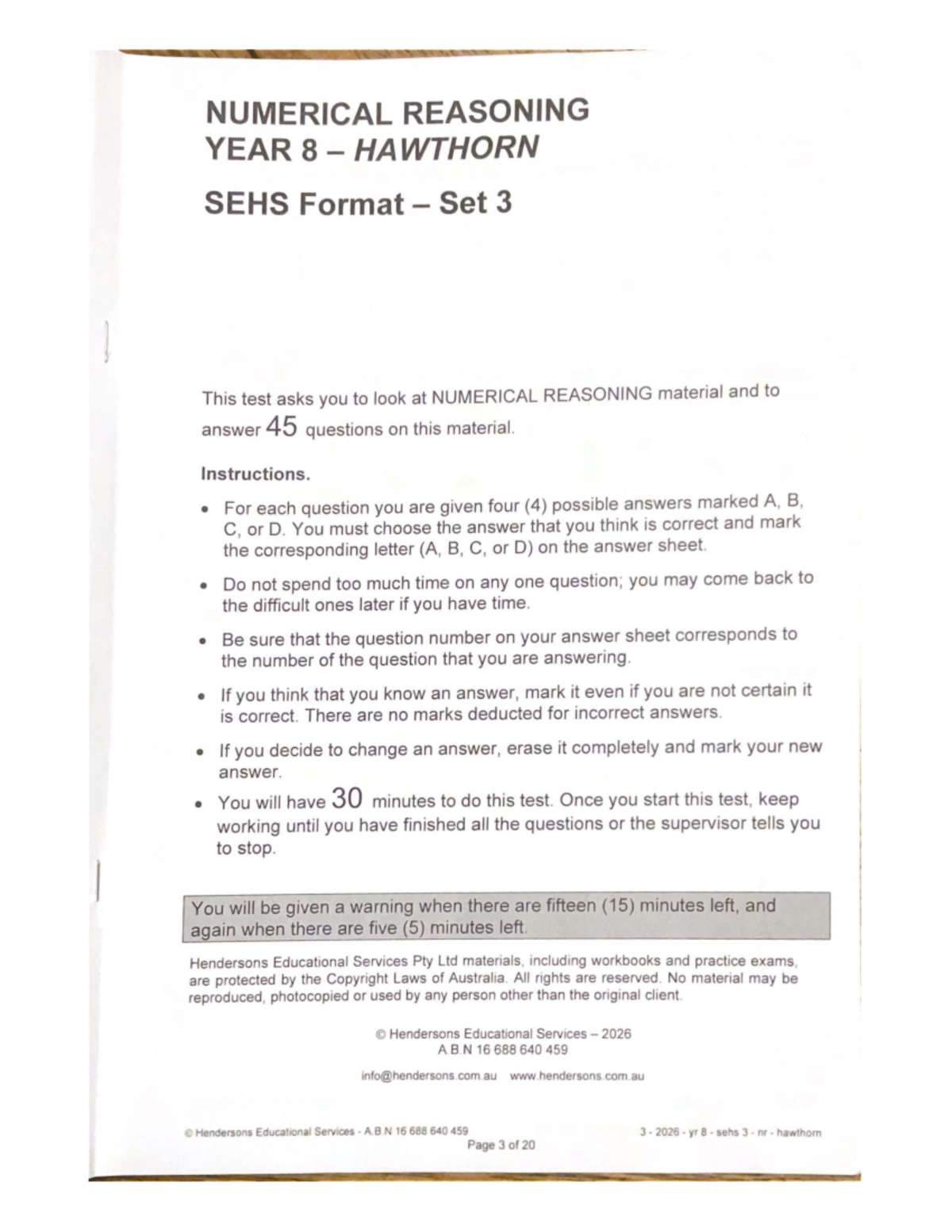 Numerical Reasoning Year 8 SEHS - Test Set 3 - Studocu
