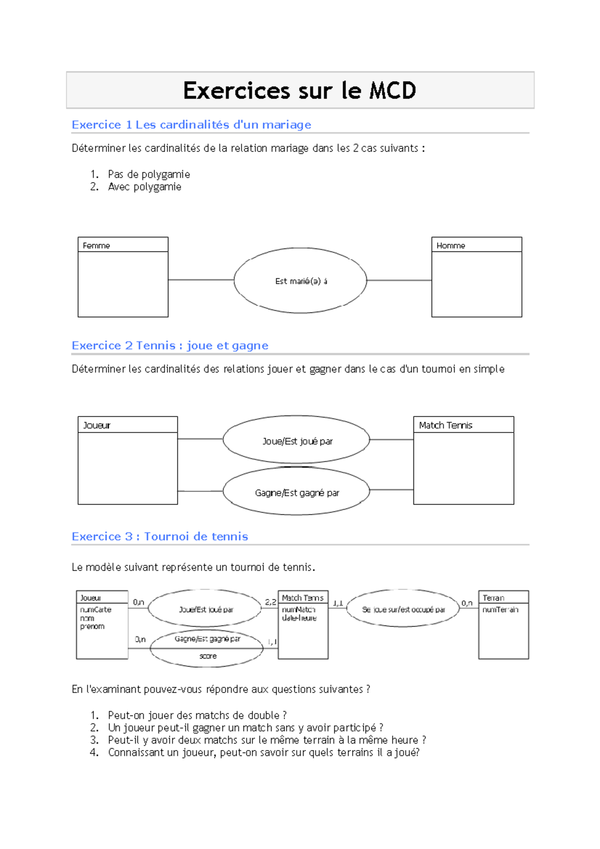 Exercices Corrigés sur le MCD - Modèles et Cardinalités - Studocu