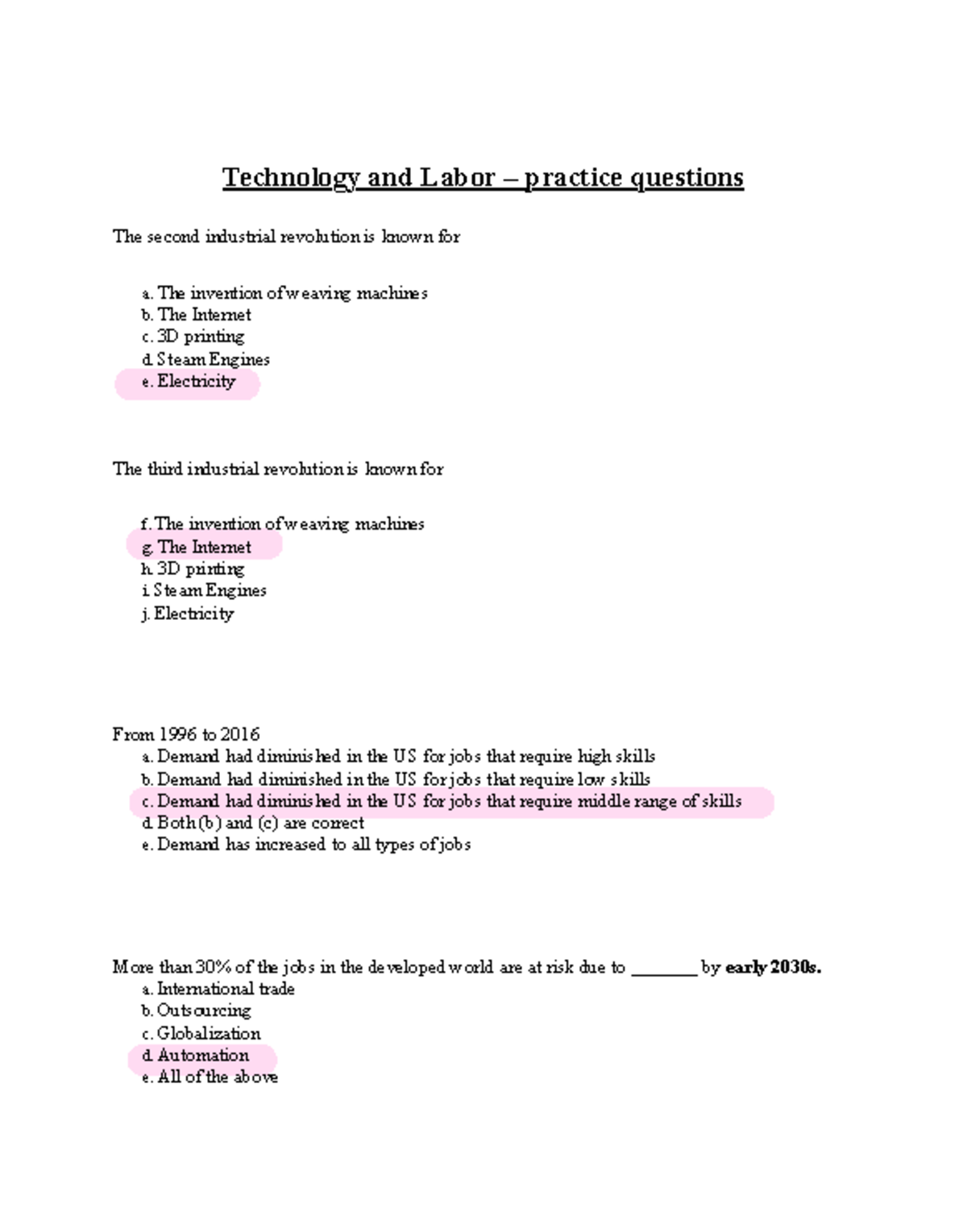 Practice Questions - Technology and Labor - Updated Edition - Studocu