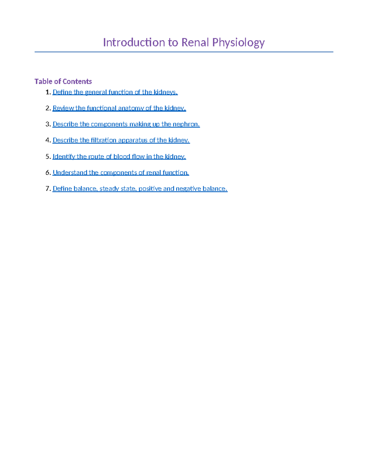 Intro to Renal Physiology (PHYS 101) - Lecture Notes Summary - Studocu