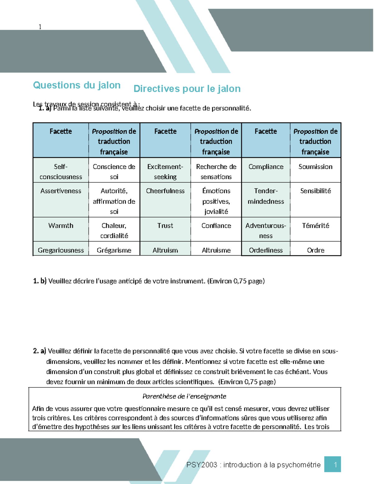 Directives du jalon pour le cours PSY2003 : Psychométrie 1 & 2 - Studocu