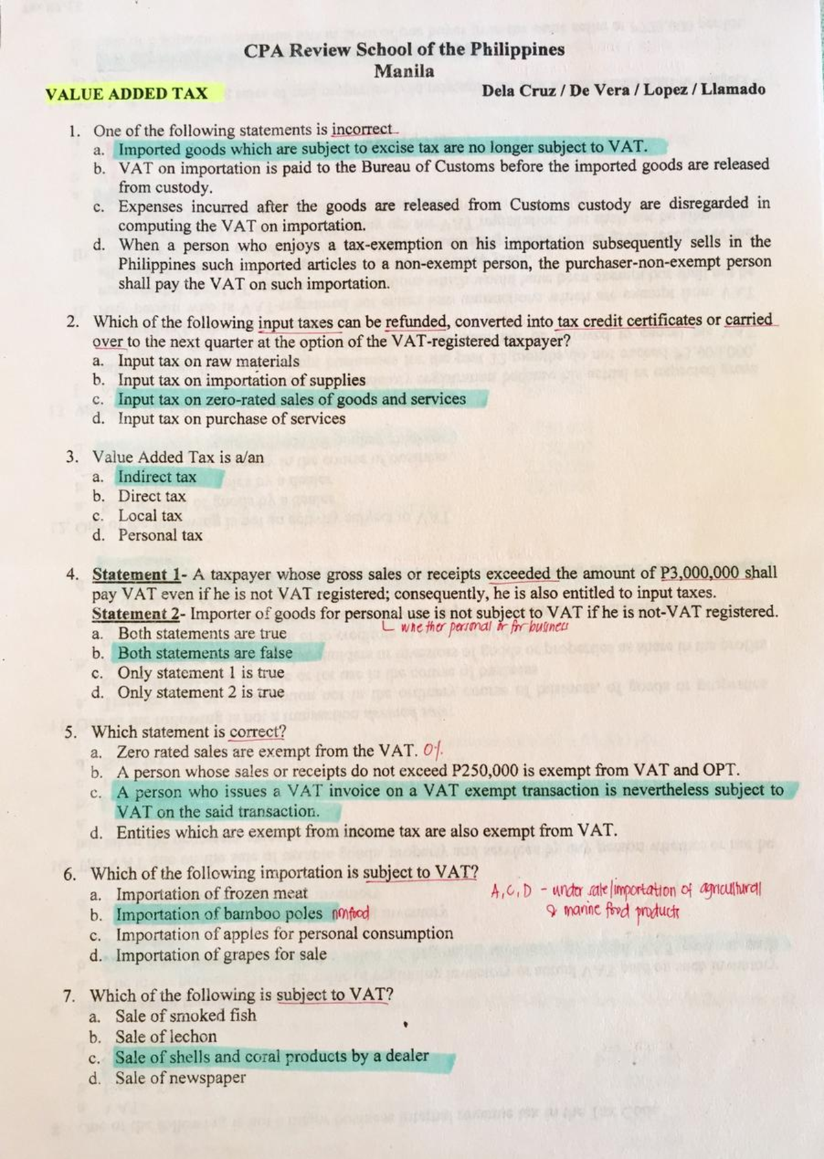 VAT CPAR Solutions - Business Tax Study Guide - Studocu