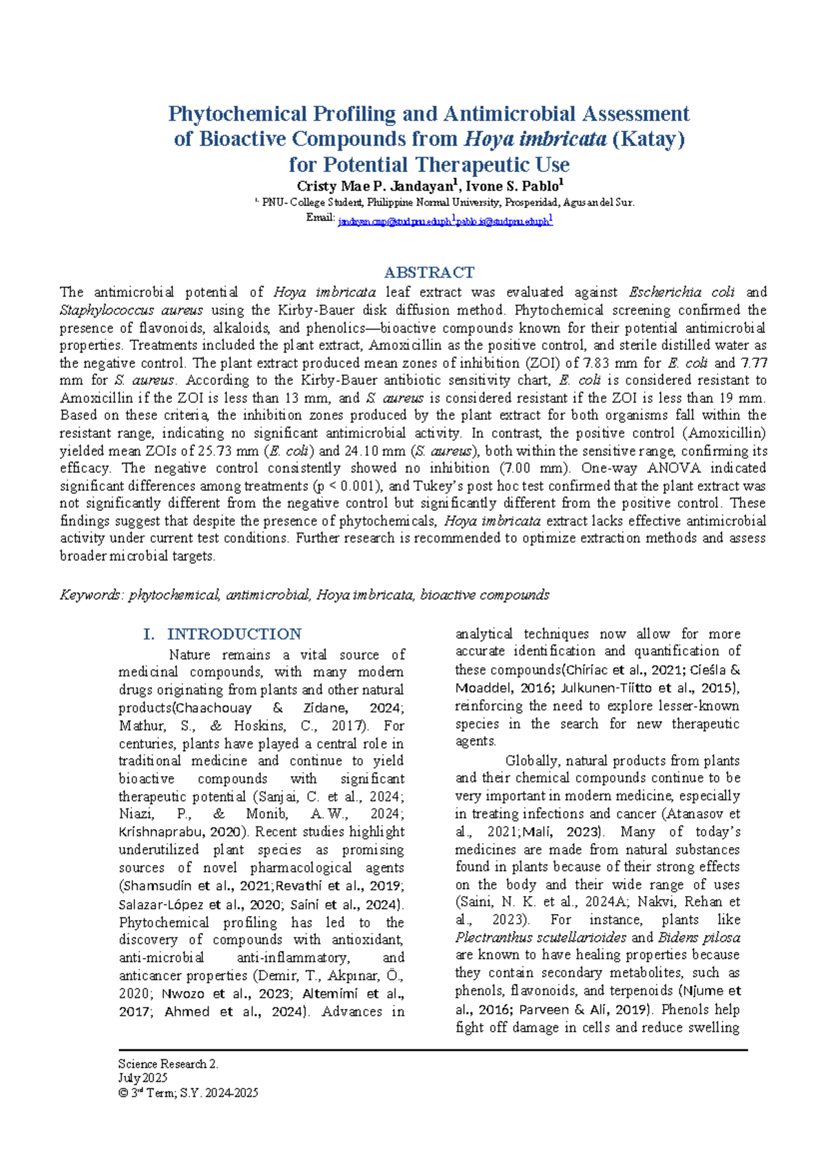 Phytochemical Profiling and Antimicrobial Activity of Hoya imbricata (1 ...