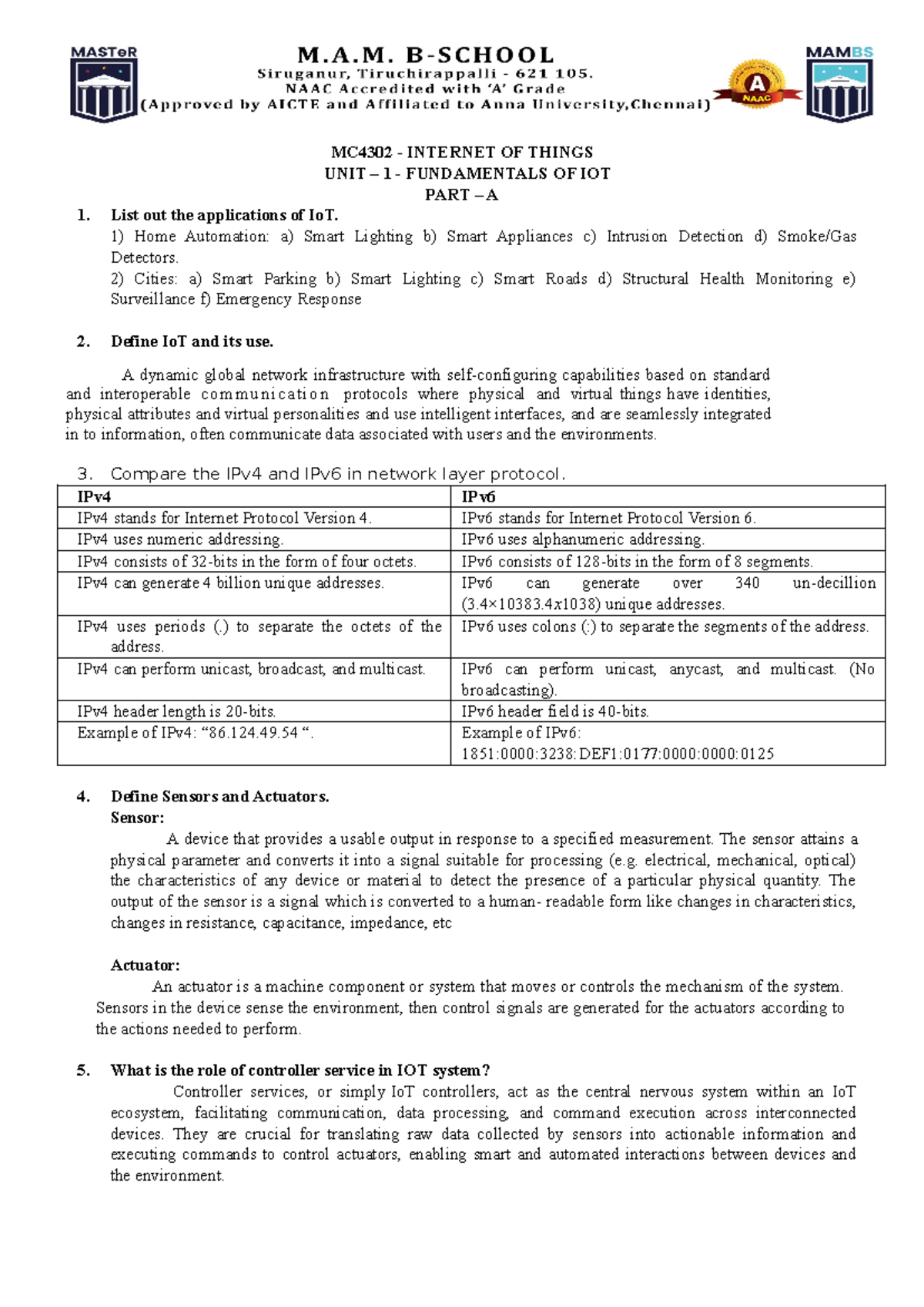MC4302 IoT Question Bank: Unit 1 & 2 Applications and Protocols - Studocu