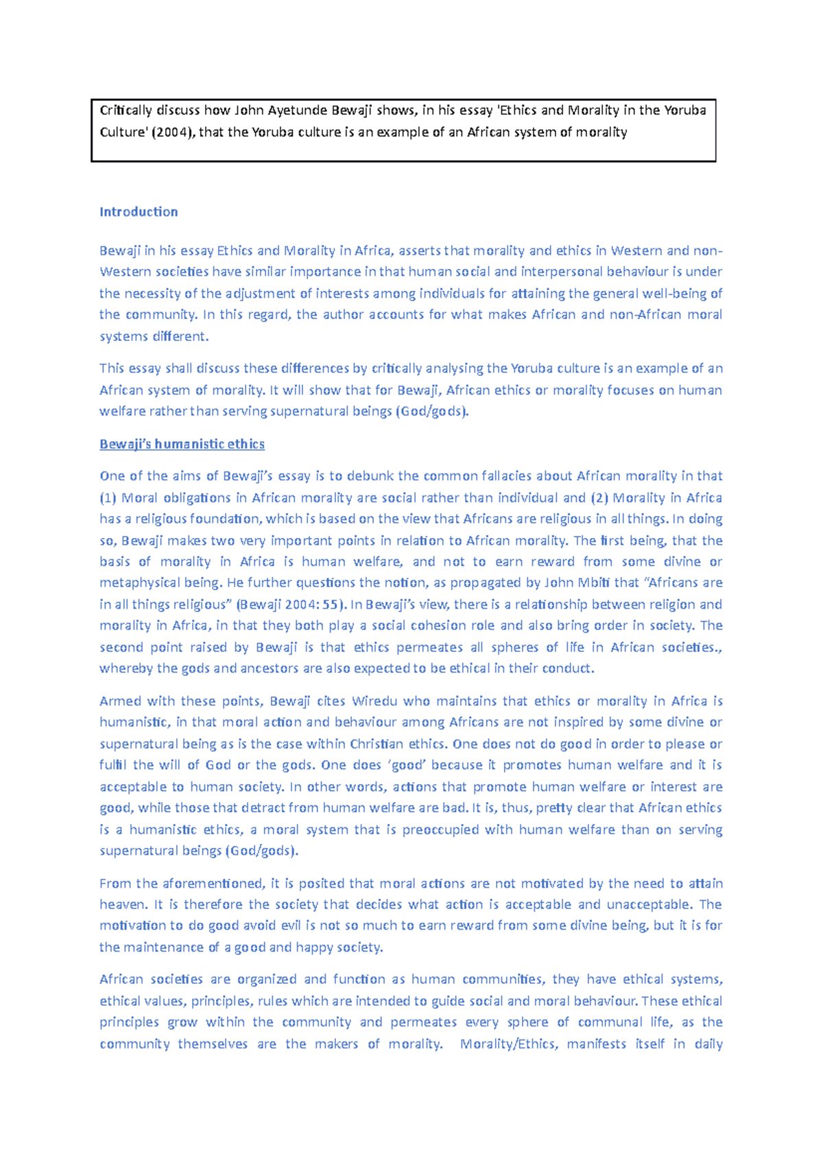 Unit 5 - Essay - Bewaji - Yoruba Culture - Critically discuss how John ...